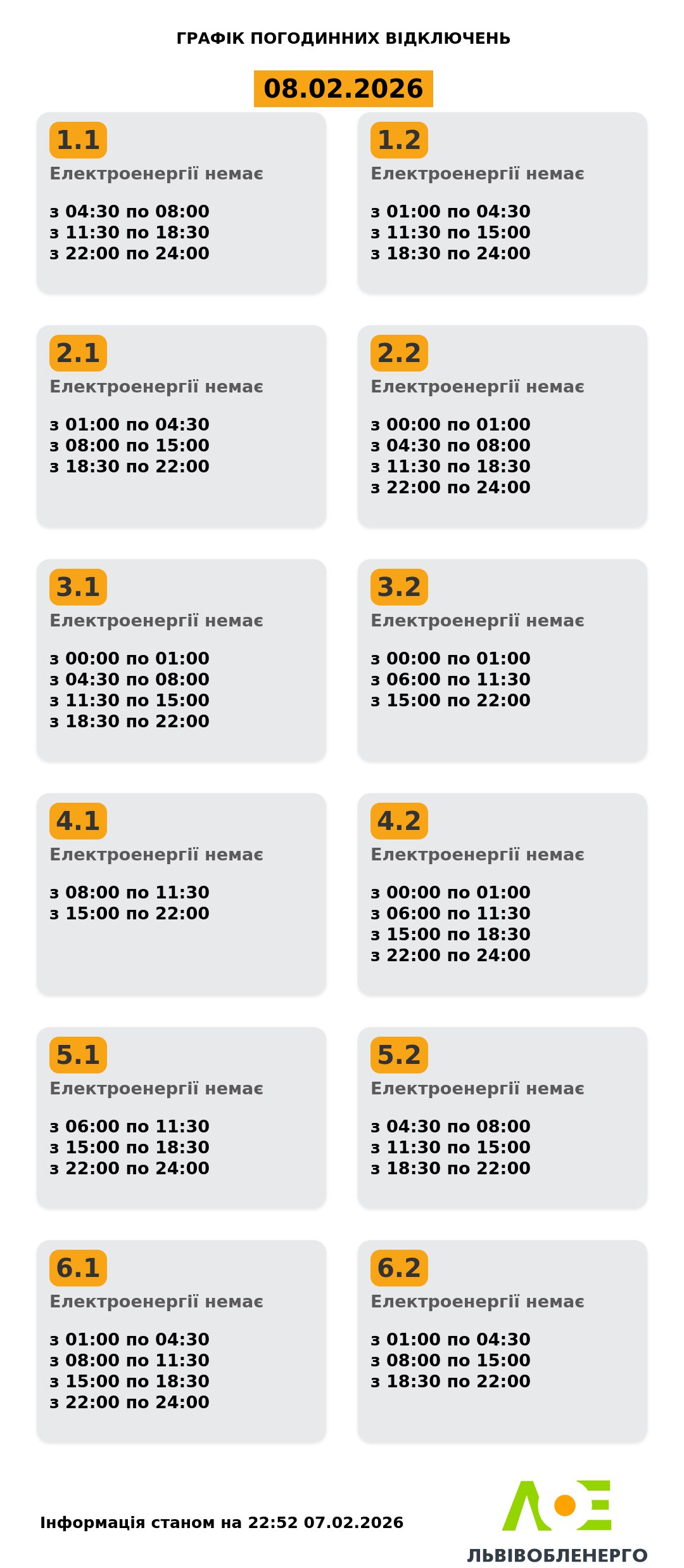 Updated Hourly Power Outage Schedule for Six Groups in Lviv Region on ...